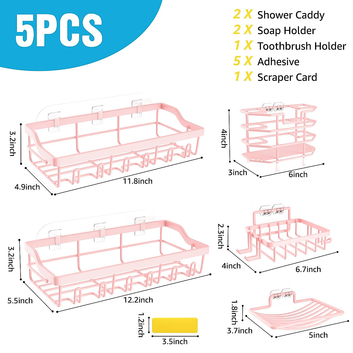 Cvtayn 5 Pack Shower Caddy, Strong Adhesive Shower Organizer No Drilling, Rustproof Shower Shelves Bathroom Shelves Large Capacity, Organizador De Baño Shower Racks for Bathroom Storage, Pink