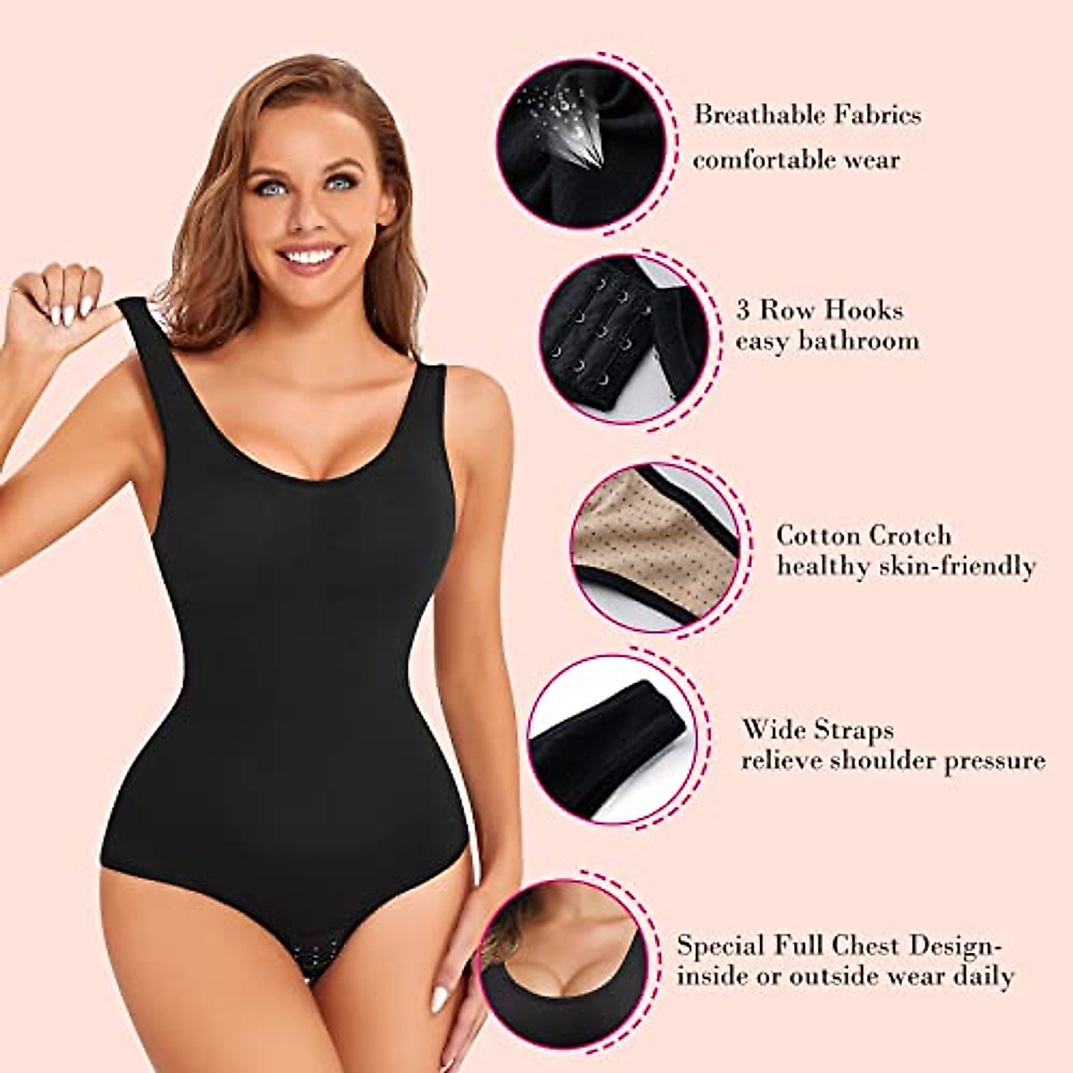 Nebility Women Waist Trainer Bodysuit Slim Full Body Shapewear Seamless Round Neck Jumpsuits Tummy Control Tops (M/L, Black)