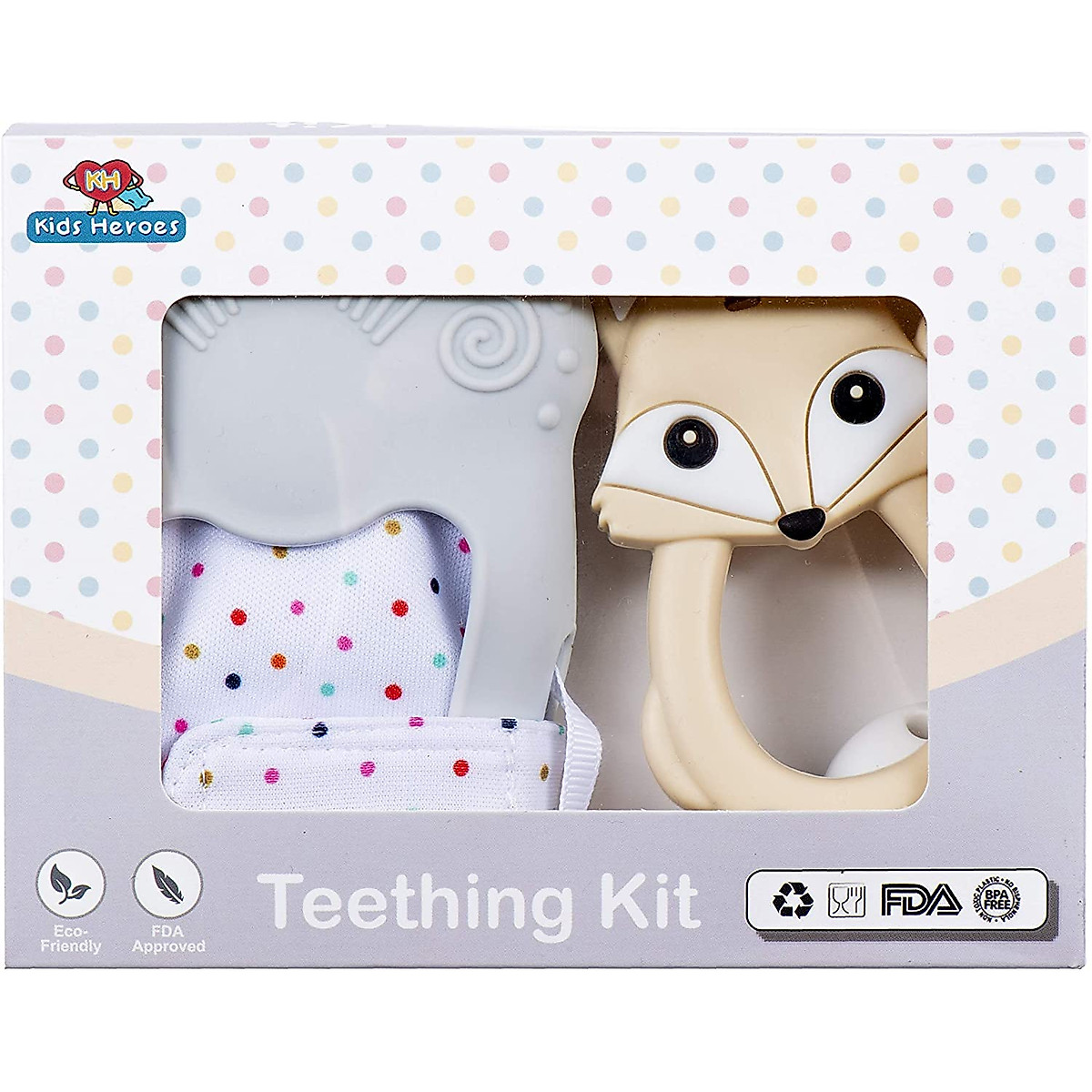 Kids Heroes Fox Teething Toy and Mitten Teether to Soothe Baby Boy Sore Gums, Teething Pacifier Clip, Grey