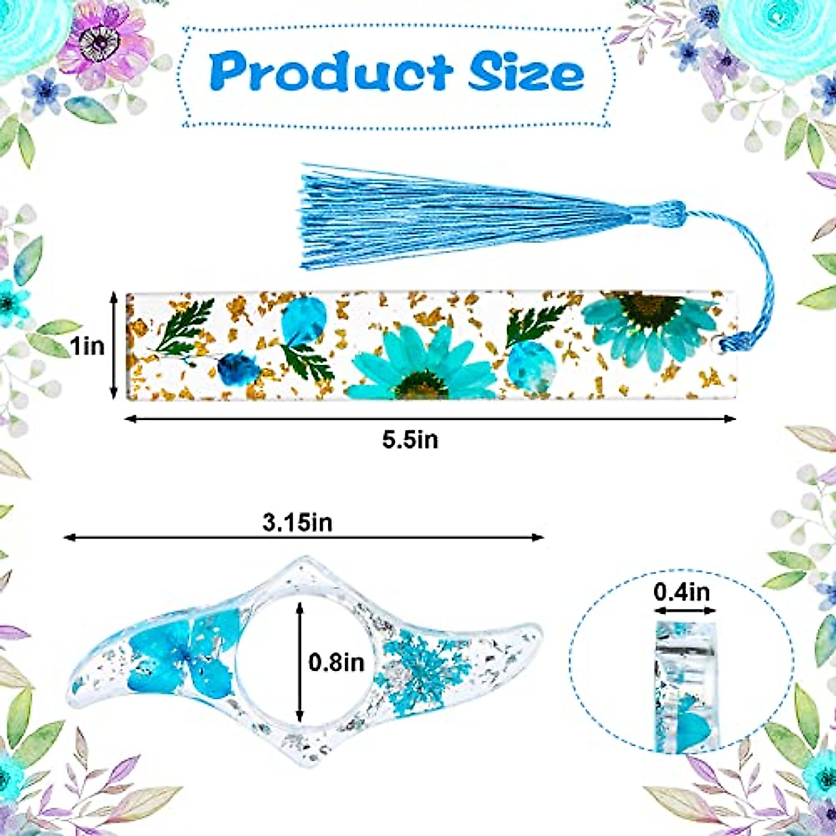 Kavoc 4 Pieces Flower Acrylic Bookmarks Book Page Holder Floral Bookmarks with Colorful Tassels Thumb Ring Page Holder Transparent Page Holders for Reading Students Teachers (Blue/Purple)