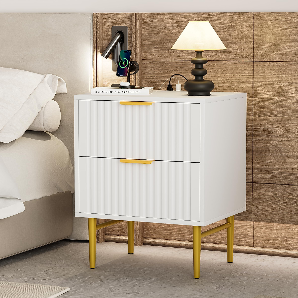 HQZX White Nightstand Set of 2 with Charging Station, Fluted Nightstand with Drawers, Modern Bedside Table with Gold Legs, End Table for Bedroom