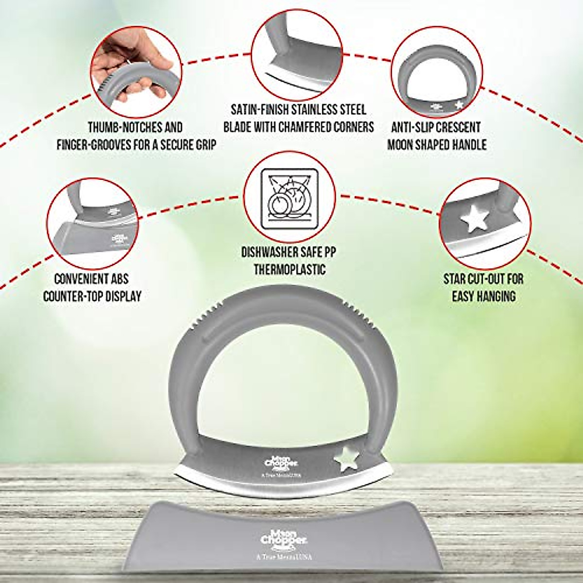 A True Mezzaluna Chopper, 5.5" Rust-Resistant Stainless Steel, Pizza Cutter, Salad Cutter, Food Chopper, Rocker Knife with a Sharp Mincing Blade, Crescent-Moon Shaped Safety Handle, Dishwasher Safe