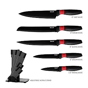 hecef Black Kitchen Knife Set with Adjustable Acrylic Stand, 6 Pcs Ultra Sharp Knives Set with Block, Ergonomic Handle Massage Design, Basic Knife Set for Chef Cutting Cooking