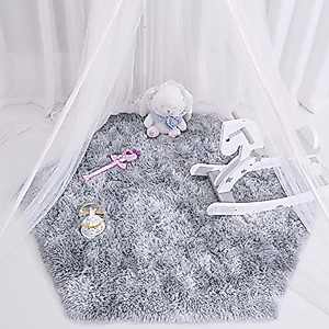 ST. BRIDGE Soft Fluffy Hexagon Rugs for Princess Tent Kids Play Castle, Cute Tie-Dye Grey Washable Rug for Baby Nursery Kids Room Decor, Non-Slip Shag Carpet for Girls Bedroom Playroom,Diameter 4.6 ft