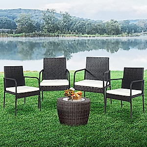 Tangkula 4 Pieces Patio Rattan Dining Chair Set, Patiojoy Outdoor Wicker Chairs with High Back & Ergonomic Armrest, Dining Chairs with Soft Padded Cushion for Deck Porch Backyard Indoor Outdoor