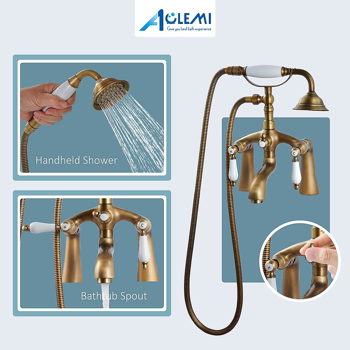 Aolemi Clawfoot Tub Faucet with Handheld Spray and Bathtub Spout Double Lever Handle Bathroom Mixer Tap Victoria Vintage Telephone Shape Shower Set Deck Mount Antique Brass