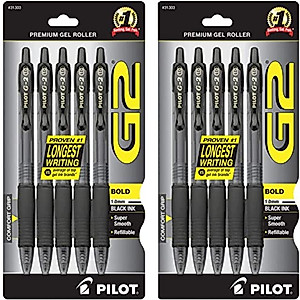 Pilot G2 Retractable Premium Gel Ink Roller Ball Pens Bold Point (Black, 10-Pack)