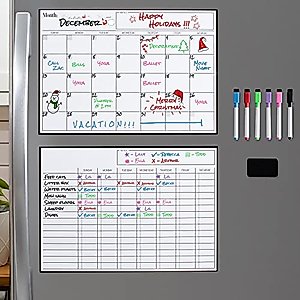 Magnetic Dry Erase Calendar and Chores Chart Bundle for Fridge: 2 Boards Included 17x12" - 6 Fine Tip Markers and Large Eraser with Magnets | Magnetic Chore Chart - Chore Board for Kids and Adults