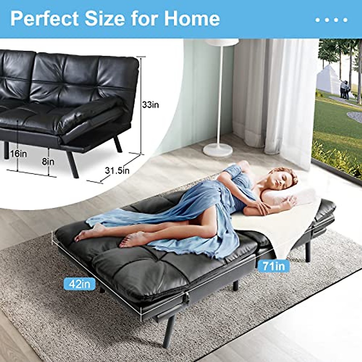 Opoiar Futon Sofa Bed,Faux Leather Convertible Sofa Bed,2 Seater Sofa Couch,Futon Couch,Memory Foam Sleeper Sofa with Quick Adjustable Armrest & Backrest for Compact Living Spaces,Black