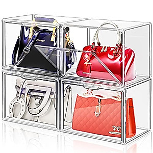 DILIBRA Set of 4 Plastic Purse Storage Organizer for Closet, Acrylic Display Case for Purse and Handbag, Stackable Storage Boxes Organizer with Magnetic Door for Clutch Wallet Book Toys