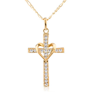 10k Yellow Gold, Rose Gold and White Gold Heart & Cross Pendant with an 16, 18, 20 and 22 Inch Gold Overlay Figaro Necklace (18 Inch, Yellow Gold)