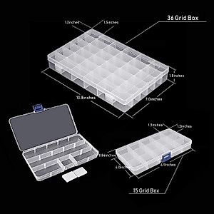 Snowkingdom Plastic Grid Box Storage Organizer Case for Display Collection with Adjustable Dividers - 3 Pack (1pc 36 Grids + 2pc 15 Grids) - Free Letter Stickers
