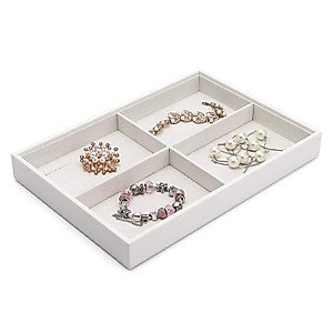 Vlando Jewelry Tray - Faux Leather Glass-top Jewelry Storage Organizer - Earring Necklace Bracelet Ring Display Desktop Drawer Chest, 4-Layer w/Clear Lid, White