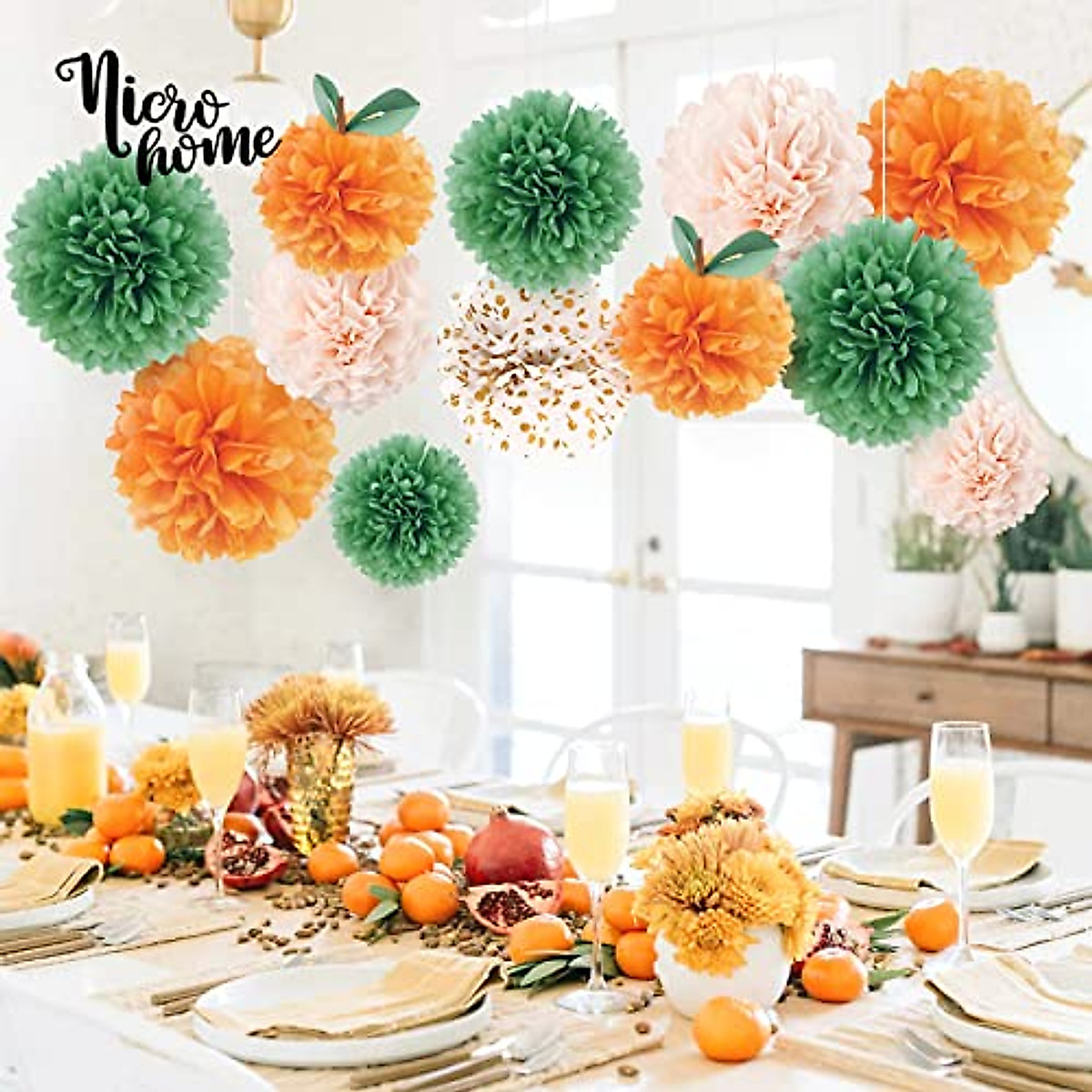 NICROHOME Little Cutie Baby Shower Decorations, 12 PCS Light Orange Green Tissue Paper Pom Poms for Party Decorations, Birthday, Spring Summer Party, Fruit Themed Parties