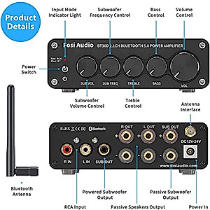 Fosi Audio BT30D Bluetooth 5.0 Stereo Audio Receiver Amplifier 2.1 Channel Mini Hi-Fi Class D Integrated Amp 50 Watt x2+100 Watt for Home Outdoor Passive Speakers/Subwoofer Powered Subwoofer