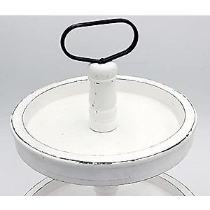 Funly mee Distressed Rustic White Wood Two-Tier Tray with Metal Handle,Decorative Organizer Tray for Kitchen Counter Top or Dining Room Table(White)