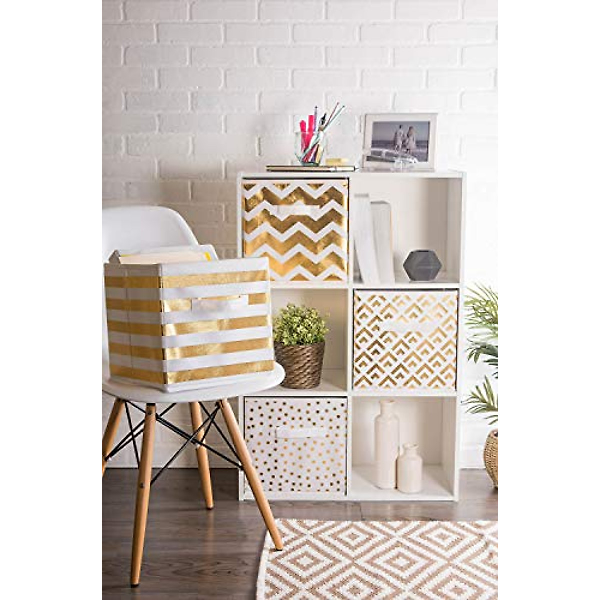 DII Non Woven Polyester Metallic Diamond Storage Bin, Small Set of 2, White/Gold