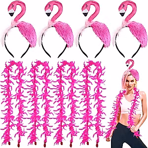 Solsew 8 Pcs Hawaii Flamingo Headband Pink Feather Boa Set Flamingo Headdress Costume Flamingo Accessories Hair Hoop for Carnival Tropical Summer Party Women Girls Kids Adult Hair Decoration