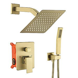 JOYWELL Shower Faucet Brushed Gold Shower Fixtures 8 Inches Rain Shower and Handheld Shower Combo set,2-Function Shower System Included Shower Trim Kit