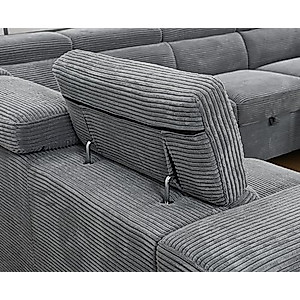 THSUPER Corduroy 123" Oversized U Shape Sectional Sleeper Sofa with Pull Out Bed, 7-Seats Sleeper Sectional Sofa with Storage Chaise and Adjustable Headrest for Living Room - Dark Grey