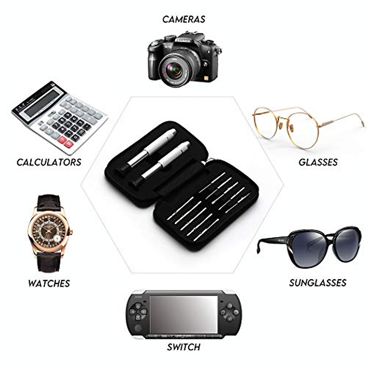 Precision Screwdriver Set, Eyeglass repair kit with 10-style screwdrivers/nose pads/4 in 1 portable screwdrivers/ear hook/tweezer for eyeglasses sunglass watch calculator (with 70-style screws)