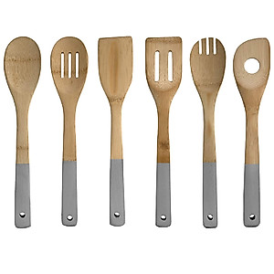 edge Bamboo Wooden Utensils 6 Piece Set for Cooking Slotted Spoon, Turner, Fork, High Heat for Non Stick Pots and Pans, Charcoal