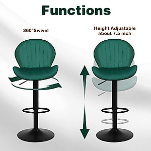 Youhauchair Modern Bar Stools Set of 2, Velvet Height Adjustable Swivel Barstools, Armless Kitchen Island Counter Chairs with Back & Footrest, Green