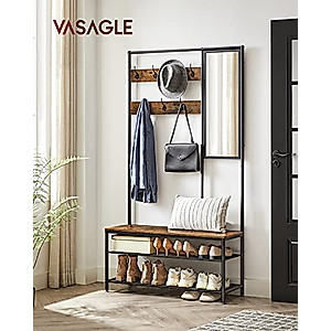 VASAGLE Coat Rack Shoe Bench with Mirror, Hall Tree with Bench and Shoe Storage Shelves, 15 x 38.6 x 70.9 in, Bedroom Living Room, Industrial Style, Rustic Brown and Black UHSR415B01