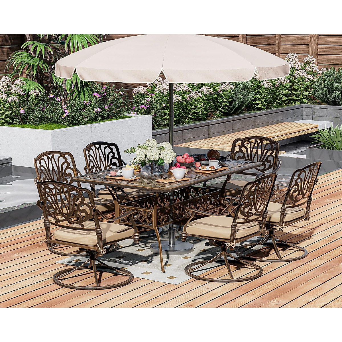 TITIMO 7 Piece Cast Aluminum Patio Dining Set, Outdoor Dining Furniture Patio Table and Chairs Set,6 Floral Pattern Swivel Rocker Chairs with Cushions (Khaki)