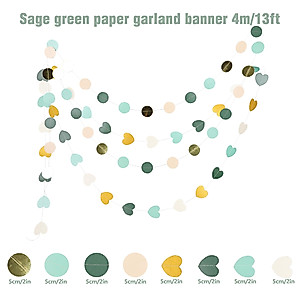 18 PCS Sage Green Party Decorations Sage Green Paper Fans Lanterns Sage and Gold Tissue Paper Pom Poms with Heart and Dot Hanging Garlands for Bridal Baby Shower Wedding Birthday Party Decorations