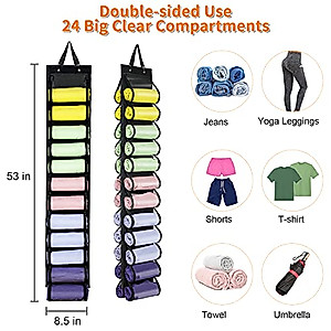 Clothes Storage Bag Hanger - Hold 24 Compartments Hanging Clothes Storage, Hanger Foldable Leggings Wardrobe Clothes Portable Closets Roll Holder for Tshirts Jeans Yoga Leggings Pants Towels (Black)