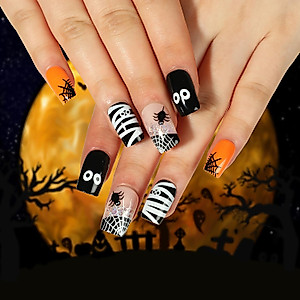 24Pcs Square Press on Nails Medium Length Halloween Fake Nails with Spider Web Design Cute Eyeballs False Nails with Glue Artificial Acrylic Nails Halloween Nail Art Stick on Nails for Women Girls
