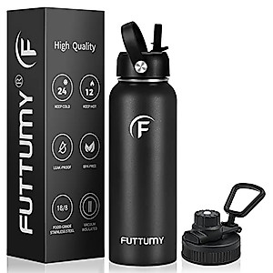 Futtumy Stainless Steel Water Bottle with Straw, 40oz Water Bottle with Spout Lid and Straw Lid, Double Wall Vacuum Insulated Water Bottle, Thermal Bottle for Sports, Travel, School, Gym (Black)