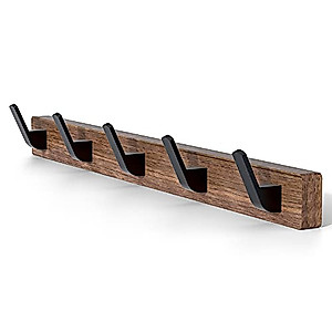 IURRDOP Black Walnut Wood Wall Mount Coat Rack with 5 Hooks,  Adhesive Mounted Rustic Decorative Entryway Hooks, Mid Century Modern Natural Wooden Pegs for Hanging Coat Clothes Hat Bag Purse and Towel