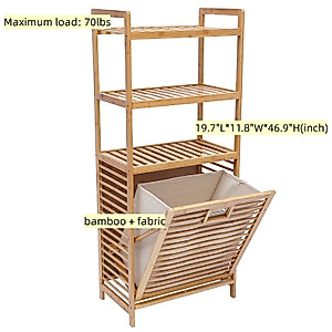 Tilt Out Bamboo Laundry Hamper, Laundry Basket with 3 Shelves Bathroom Cabinet Organizer,4 Tier Shower Caddy Shelf Rack for Bedroom, Bathroom, Closet, Laundry Room