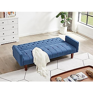 Blue, Linen, Convertible Double Folding Living Room Sofa Bed (Eucalyptus Wood Frame)
