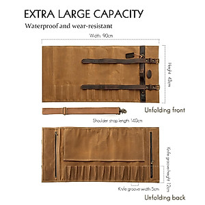 Chef Knife Roll Bag 16oz Oil Waxed Canvas with Cazy Horse Leather, 12 Slots & 2 Zipper Pockets, Portable Backpack Knife Case Storage, Detachable Adjustable Shoulder Strap Belt(Not Included Knives)