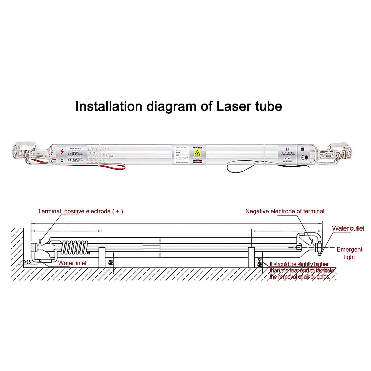 TEN-HIGH 50W CO2 Laser Tube 800mm D50mm, Wires Preconnected with Coating, for Laser Cutter Laser Engraving Cutting Machine