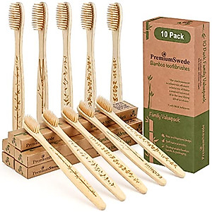Premiumswede Bamboo Toothbrushes - Biodegradable Eco Friendly Soft Toothbrushes for Adults, Kids - Natural Wooden Toothbrushes with Soft Bristles - 10 Pcs Family Toothbrush Pack
