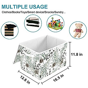 CaTaKu Christmas Pine Berries Storage Bins with Lids and Handles, Fabric Large Storage Container Cube Basket with Lid Decorative Storage Boxes for Organizing Clothes
