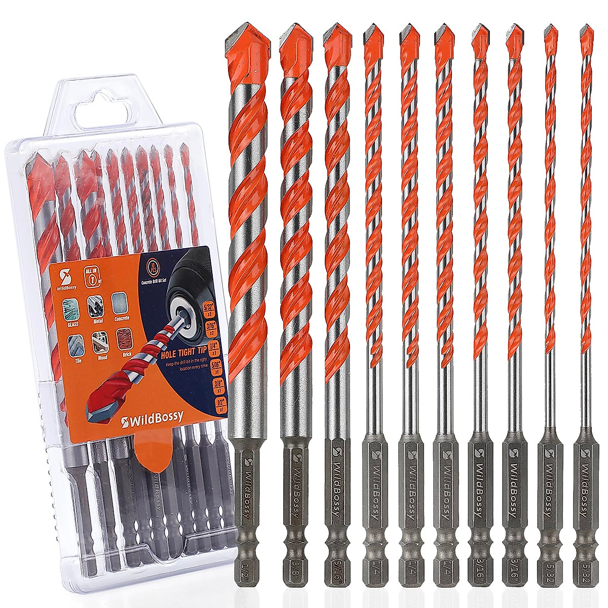 Concrete Carbide Drill Bits Hex Shank Masonry Cement Tile Drill Bit Set for Glass/Brick/Plastic/Cement/Tile 5/32"-1/2" (10PCS)