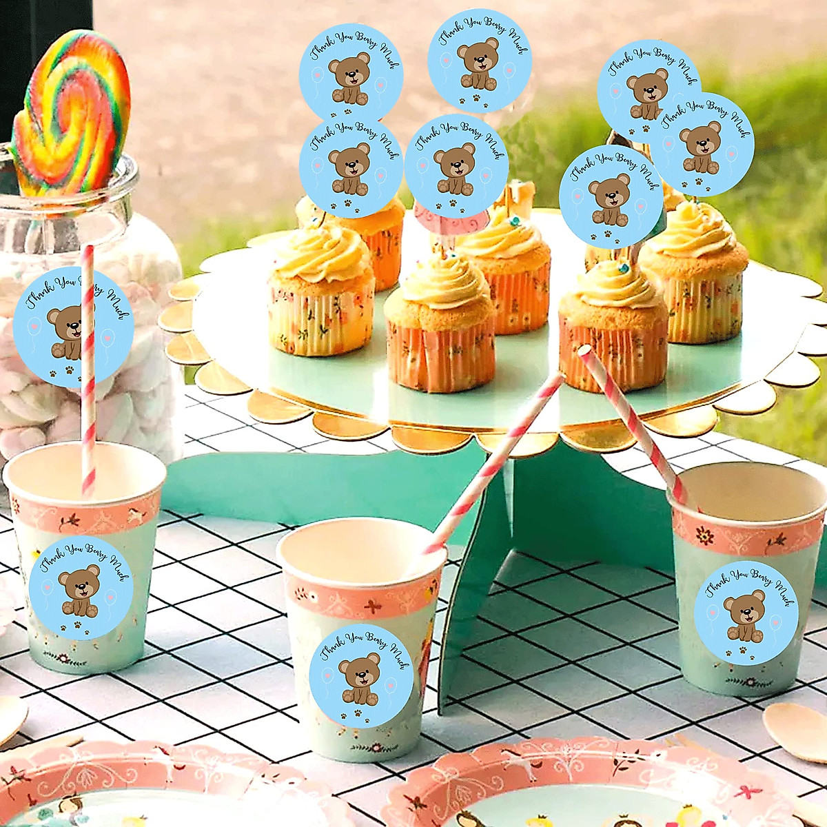 Blue Tedd Bear Stickers 2" Thank You Beary Much Labels-250 Pcs Teddy Bear Thank You Sticker Labels Boy Baby Shower Favors Labels Birthday Party Favor Labels with Balloon for Gift Bags Seal Sticker