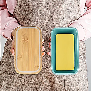 Ceramic Butter Dish with Wooden Lid, Lxmons Large Butter Container Keeper Storage with Stainless Steel Butter Knife Spreader, Bamboo Cover and Silicone Sealing Ring for West East Coast Butter, Green