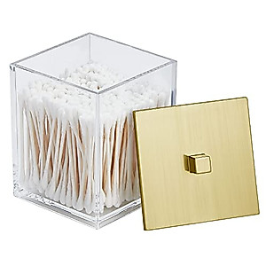 mDesign Modern Square Bathroom Vanity Countertop Storage Organizer Canister Jar for Cotton Swabs, Rounds, Balls, Makeup Sponges, Bath Salts - Clear/Soft Brass