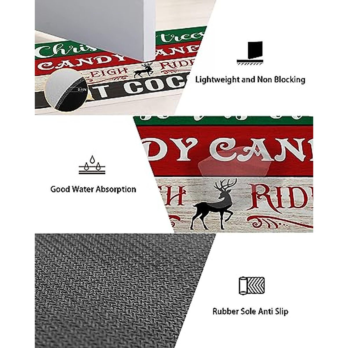 Diatomaceous Bath Door mats,Christmas Trees Candy Canes Sleigh Rides Hot Cocoa Wooden Red Green Gray Absorbent and Quick Drying Non Slip Bathroom Rug,Suitable for Bathroom Tub Shower Sink,24"x36"