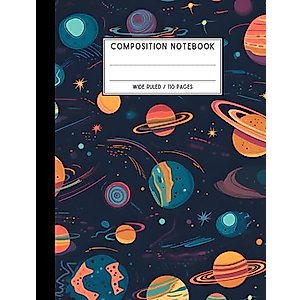 Space Planets Blue Orange Wide Ruled Composition Notebook for kids boy, Lined 110 Pages Sheets, 7.44 x 9.69, ages 4-8 8-12, Elementary Middle School Supplies Writing Journal