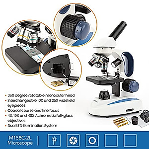 AmScope M158C-2L-E Digital Cordless Compound Monocular Microscope, WF10x and WF25x Eyepieces, 40x-1000x Magnification, Upper and Lower LED Illumination with Rheostat, Brightfield, Single-Lens Condenser, Coaxial Coarse and Fine Focus, Plain Stage, 110V or