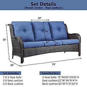 Belord Outdoor Furniture 3-Seater Rattan Sofa Patio Wicker Sofa Couch Furniture Set with Washable Cushions