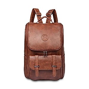 LOTCAIN Vintage Faux Leather Backpack, Slim Laptop Backpack Travel Waterproof Pack College School Bookbag Weekend Daypack Bag for Men Women,Brown