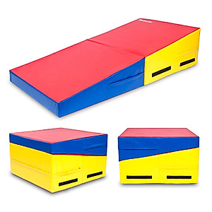 Matladin Folding Gymnastics Cheese Wedge Incline Mat, Gym Fitness Tumbling Skill Shape Mat for Kids Girls Home Training Exercise (55"x28"x14", Red+Yellow+Blue)